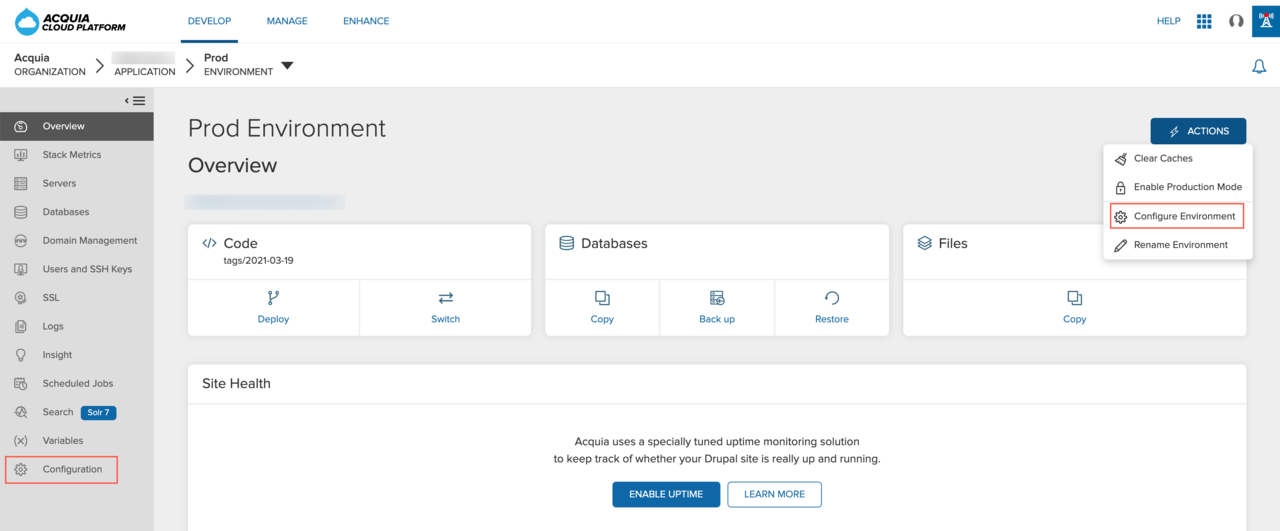 Configuring An Environment — Acquia Product Documentation