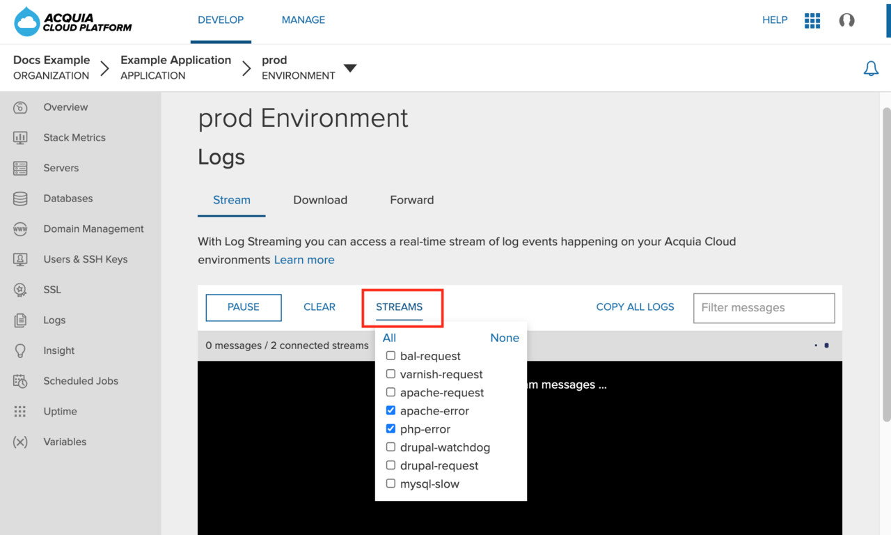 Streaming log entries in real time — Acquia Product Documentation