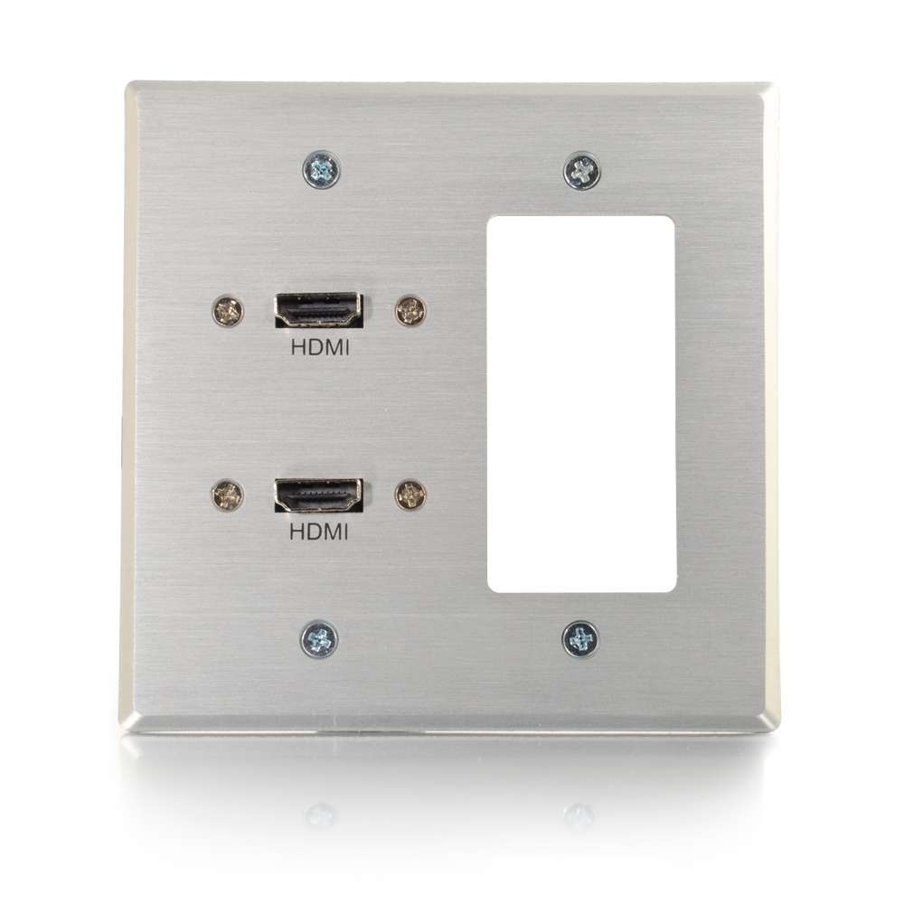 Dual HDMI Pass Through Double Gang Wall Plate with One Cutout - Aluminum